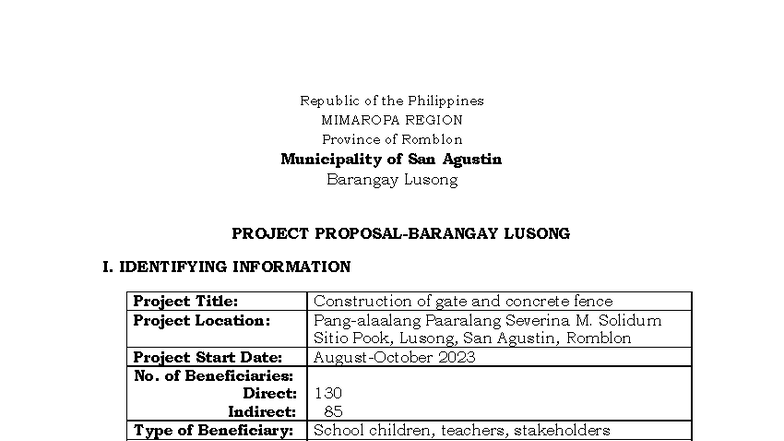 Project Proposal: Construction of Gate & Concrete Fence (MIMAROPA ...