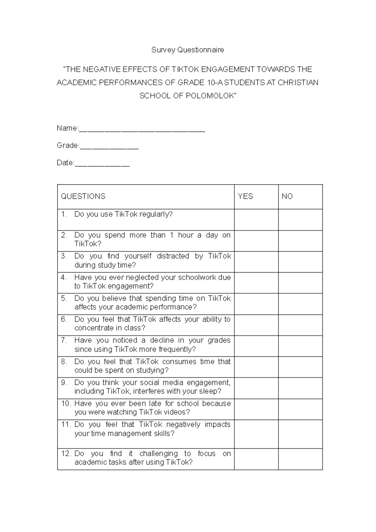 Survey Questionnaire: Impact of TikTok on Academic Performance of ...