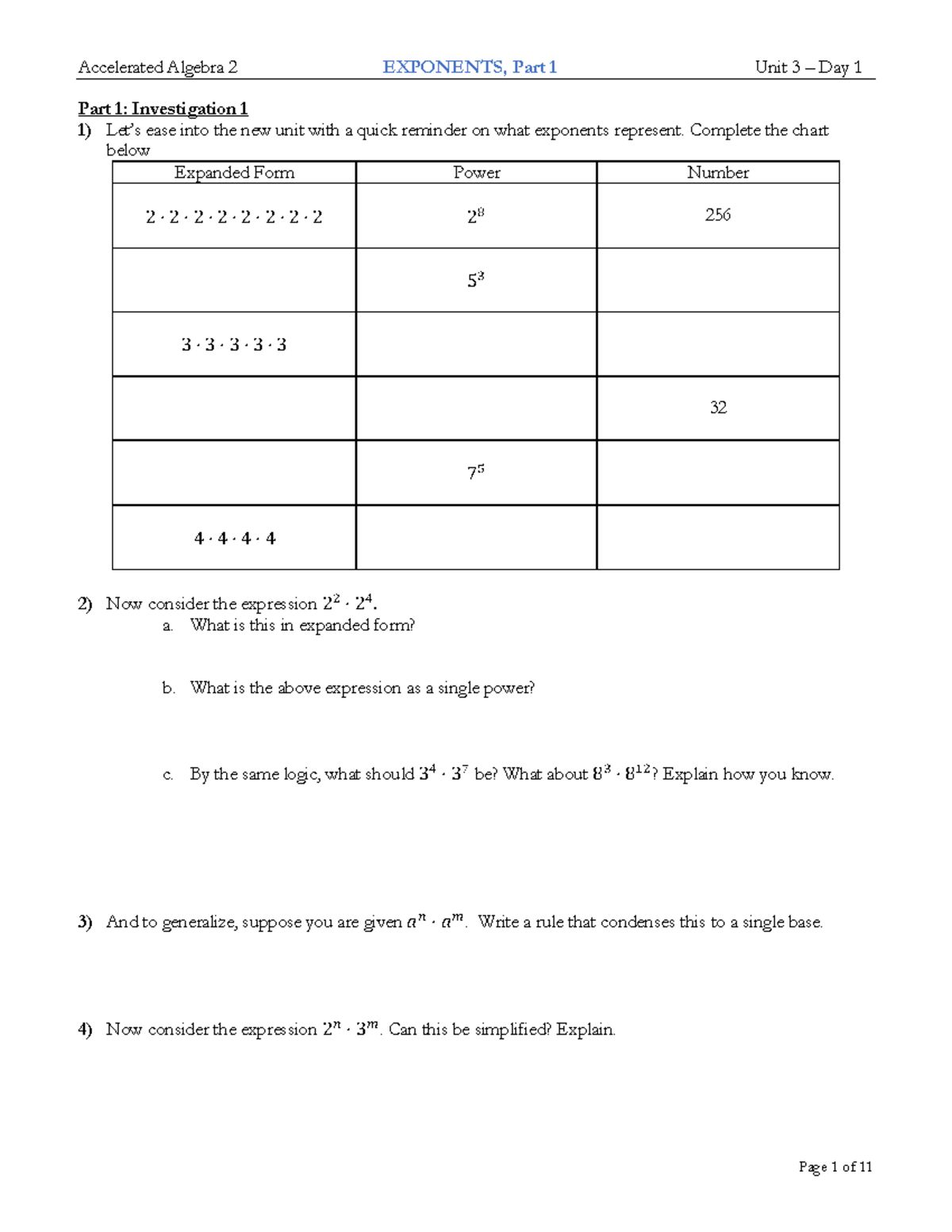 Accelerated Algebra 2: Exponent Rules Investigation Unit 3 Day 1 - Studocu
