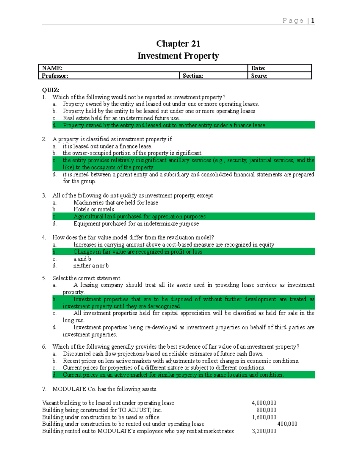 Investment Property Quiz - Chapter 21 Insights and Applications - Studocu