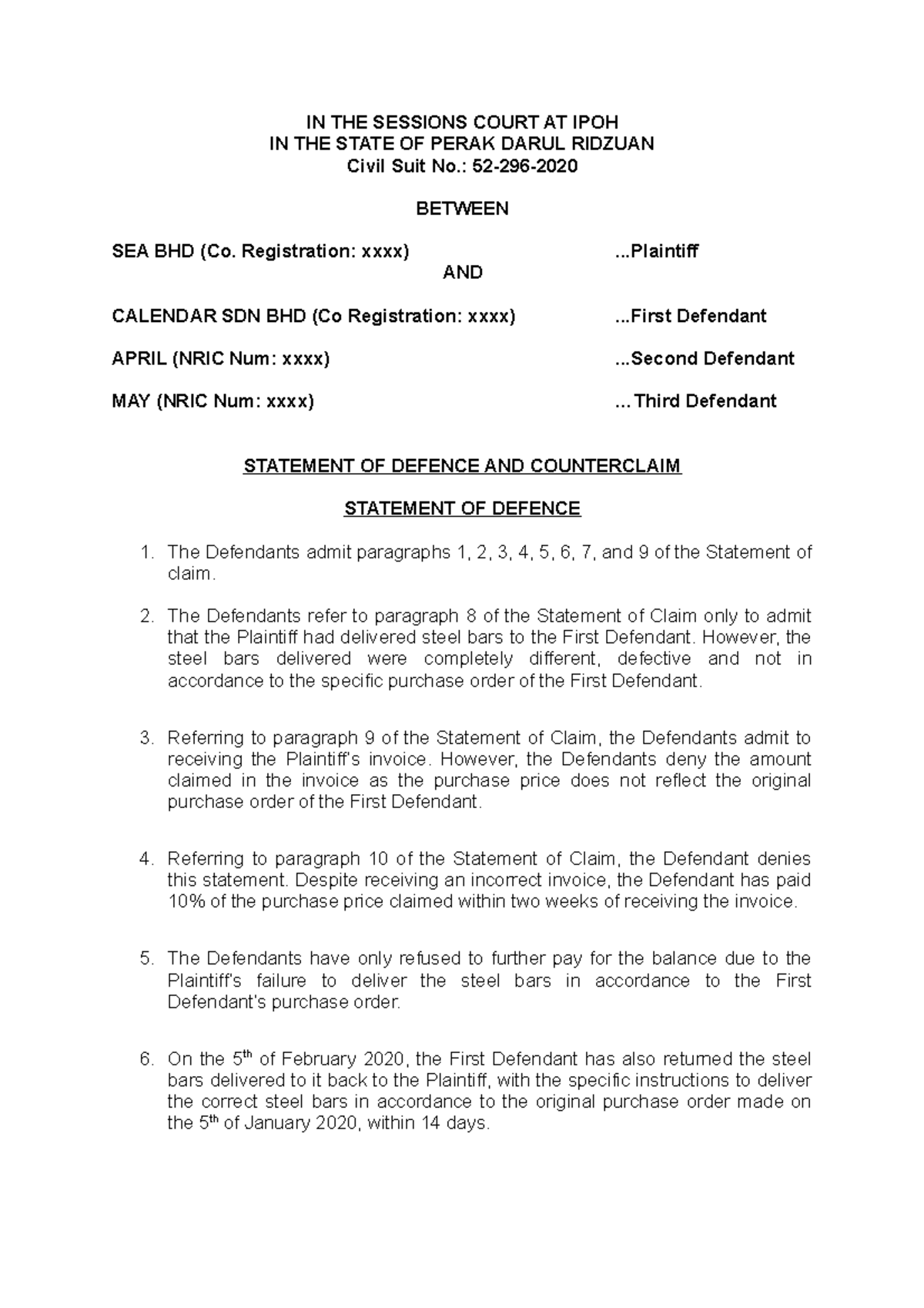 Civil Suit No. 52-296: Statement of Defence & Counterclaim - Studocu