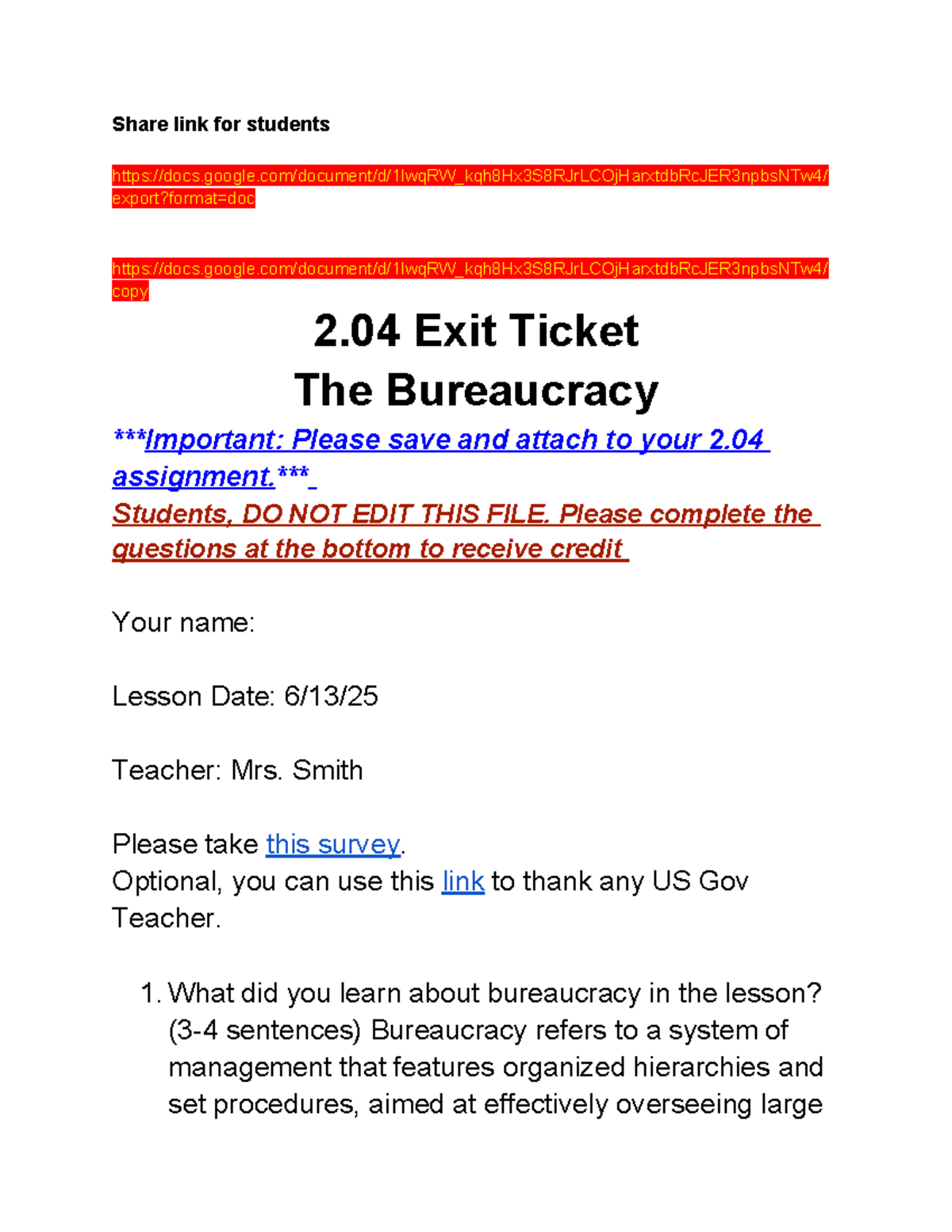 2.04 Exit Ticket: Understanding Bureaucracy in US Government - Studocu