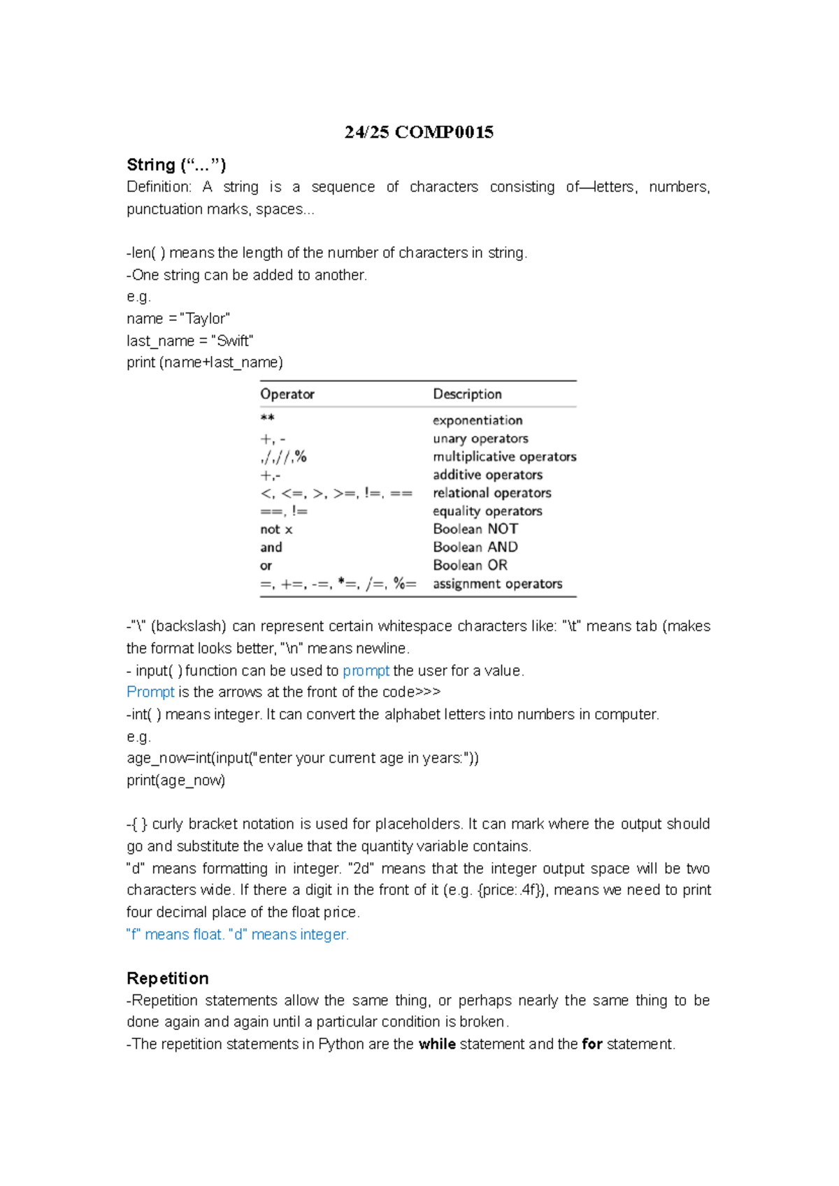 COMP0015 - Summary of Key Concepts in Python Programming - Studocu