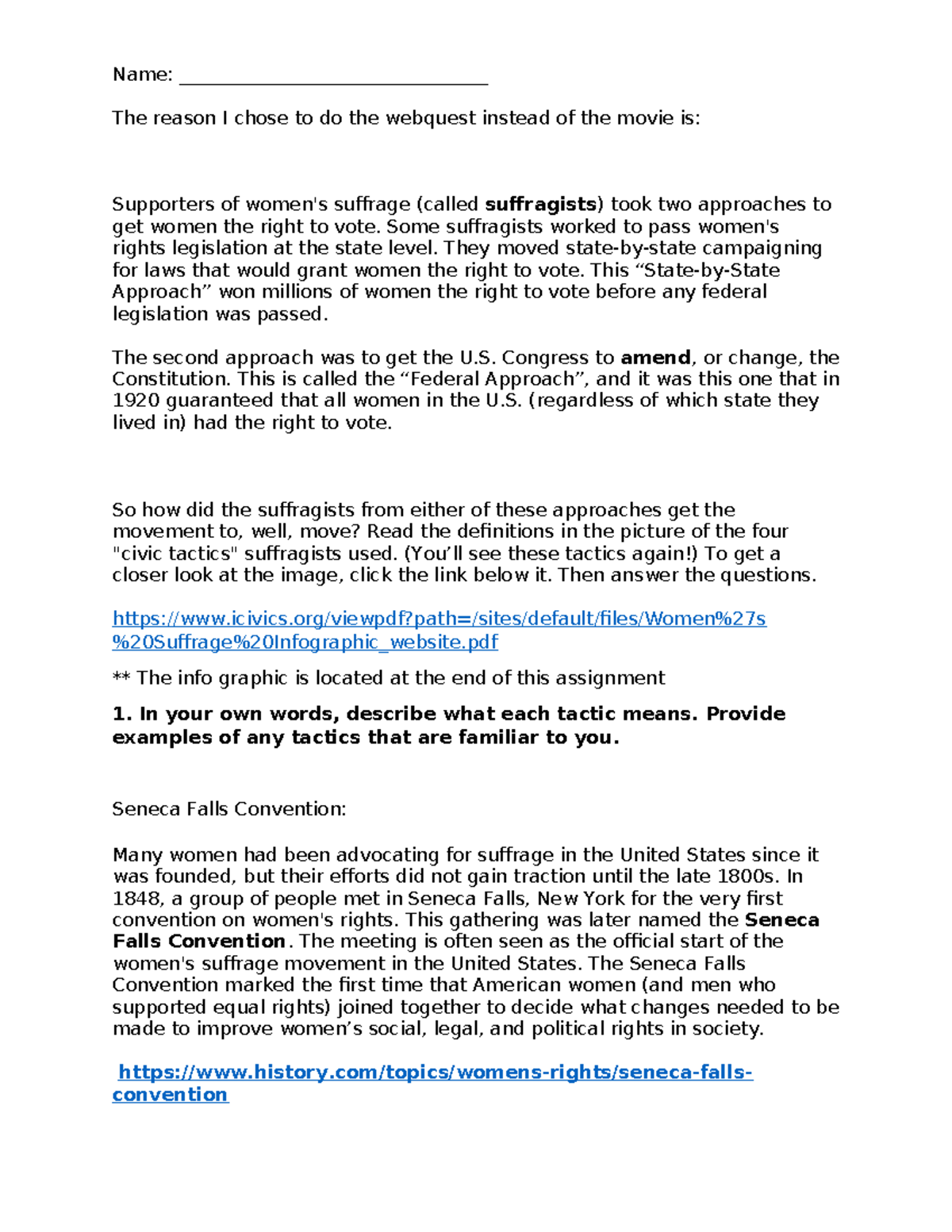 Women's Suffrage Movement Webquest: Strategies and Impact - Studocu