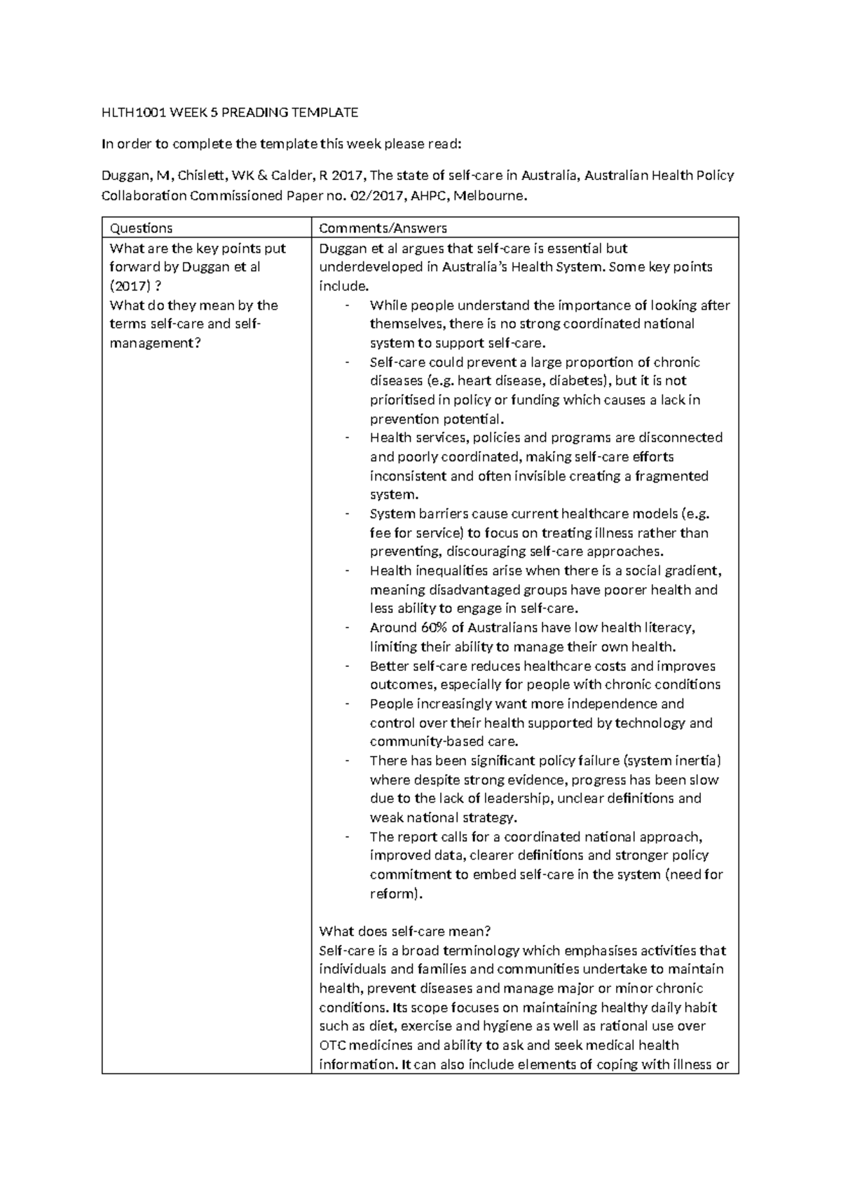 HLTH1001 WEEK 5 Tutorial Reading Template on Self-Management in Health ...