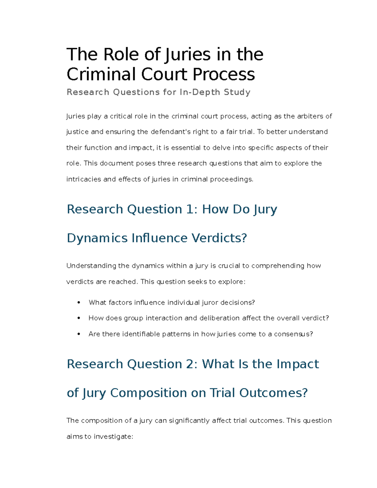 Research questions on the role of juries in criminal court process 207 ...