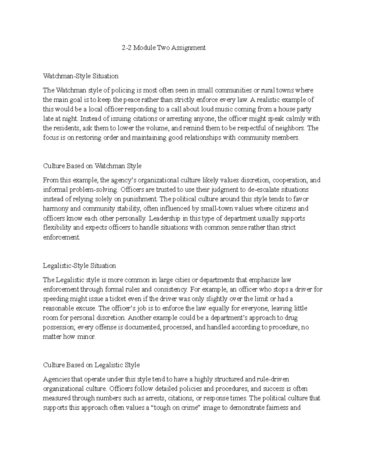 CJ 205 2-2 Module Two Assignment: Policing Styles Analysis - Studocu