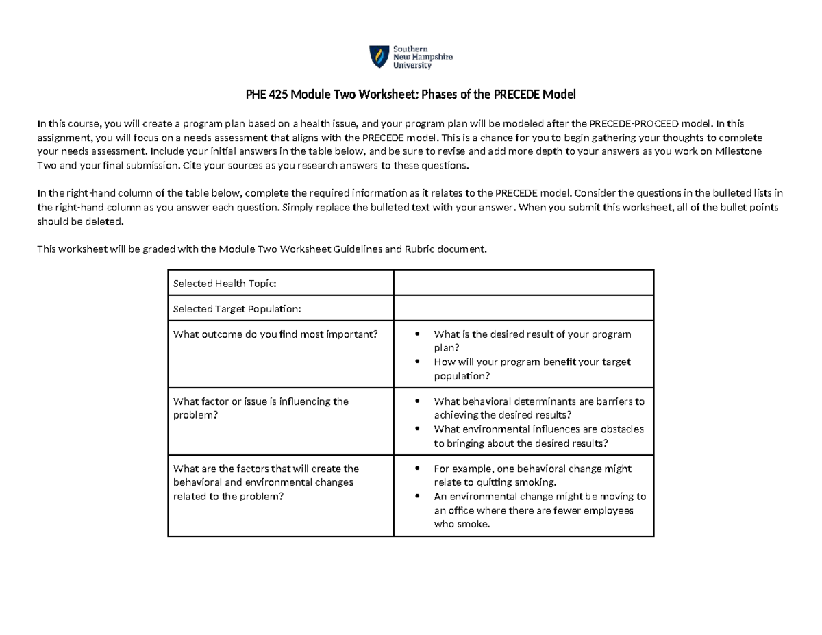 PHE 425 Module Two Worksheet: PRECEDE Model Needs Assessment - Studocu
