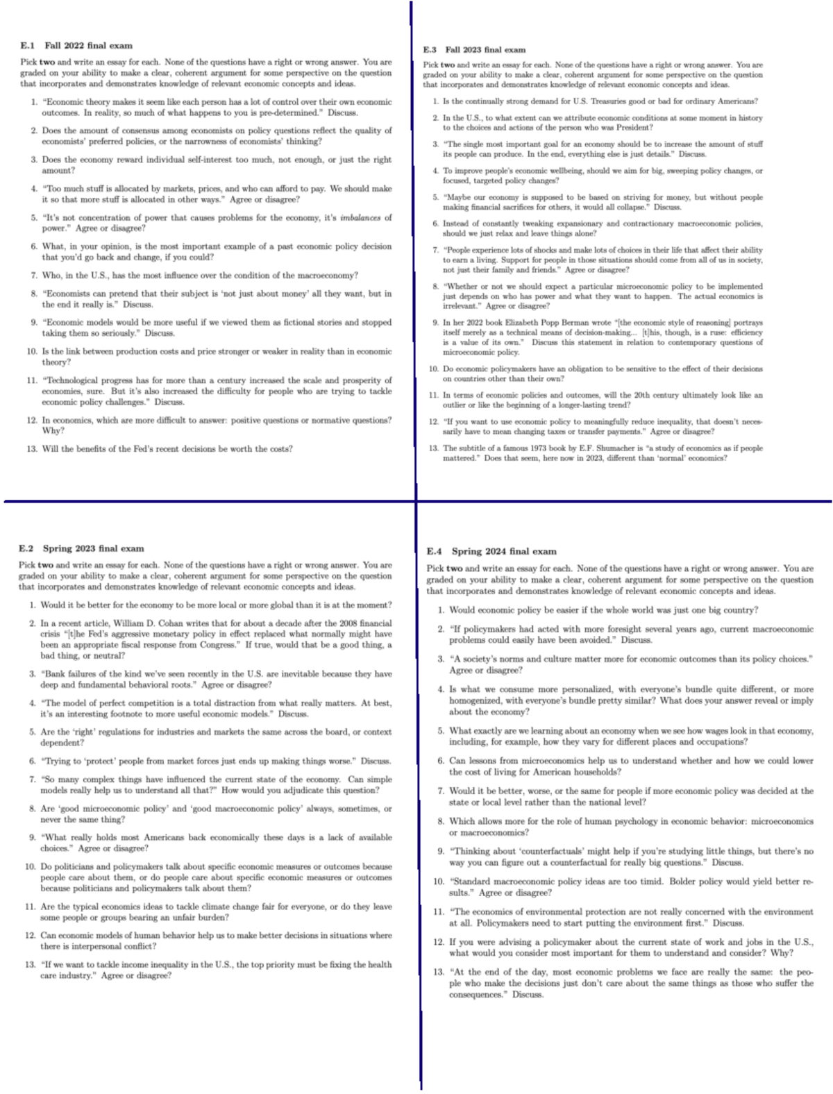 E.1 & E.2 Fall 2022 & Spring 2023 Final Exam Essay Prompts - Studocu