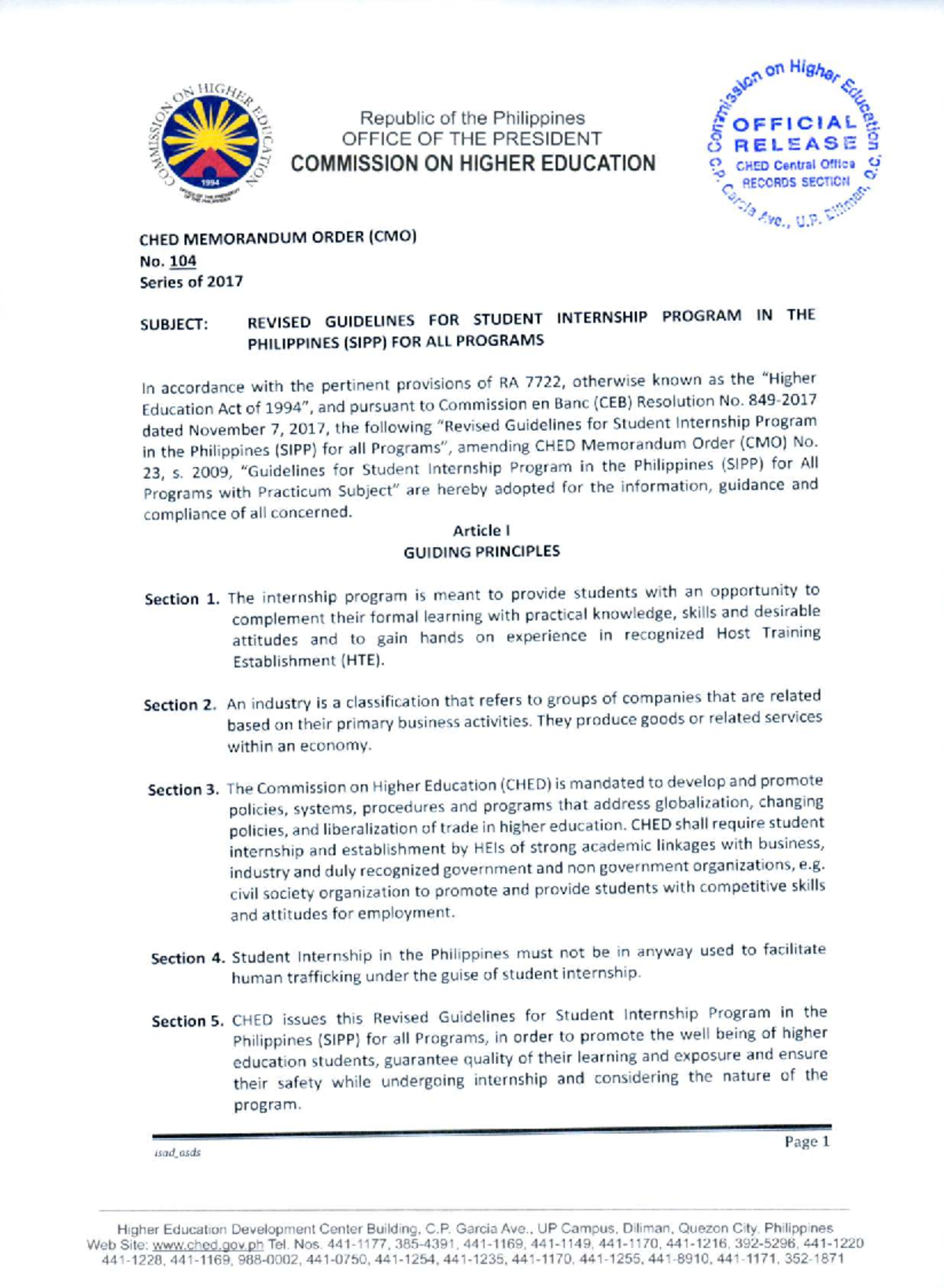 2017-CMO-NO104: Revised Guidelines for Student Internship Program (SIPP ...