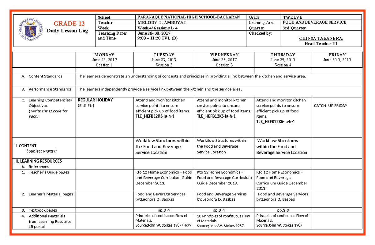 Q3-W4 Daily Lesson Log for Grade 12 Food & Beverage Service - Studocu