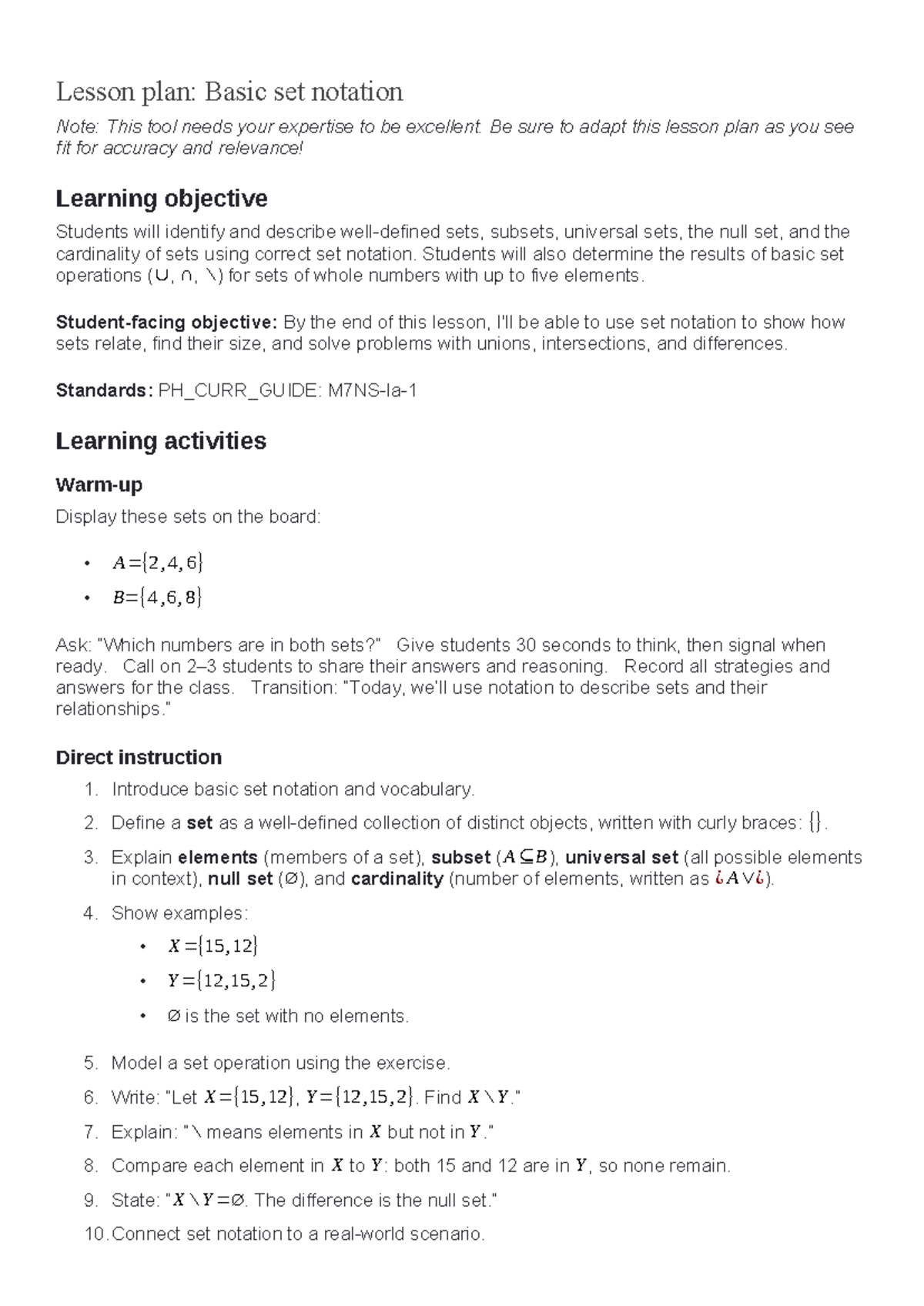 Lesson Plan: Basic Set Notation (PH_CURR_GUIDE) - Studocu