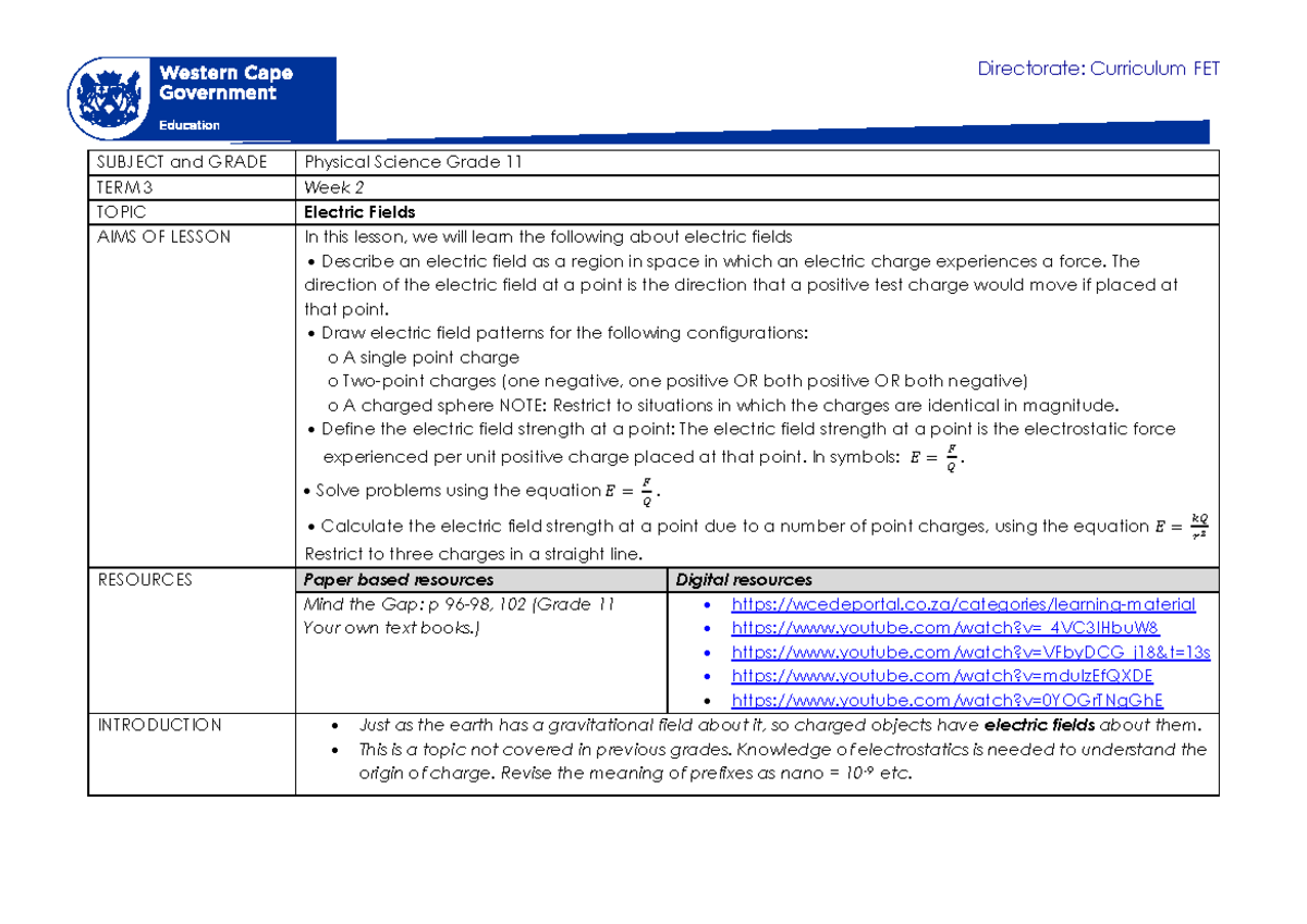 Physical Science Grade 11 Term 3 Week 2: Electric Fields Lesson - Studocu