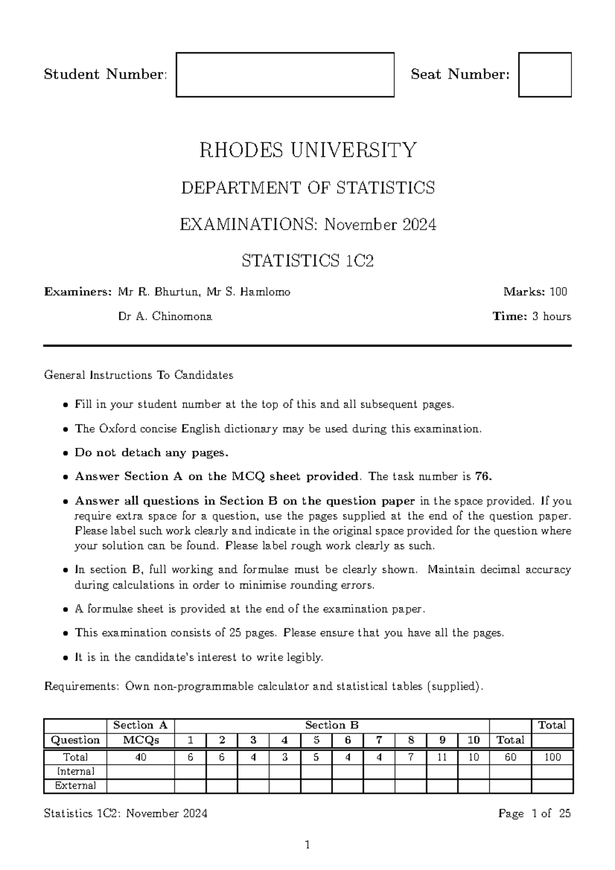Statistics 1C2 Exam November 2024 - Questions and Instructions - Studocu