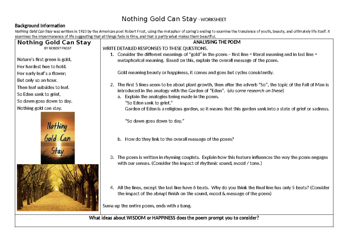 Nothing Gold Can Stay - Analysis Worksheet - Studocu