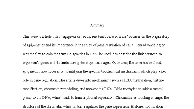 BIO 301: Week 7 Article Summary on Epigenetics Origins and Mechanisms - Studocu