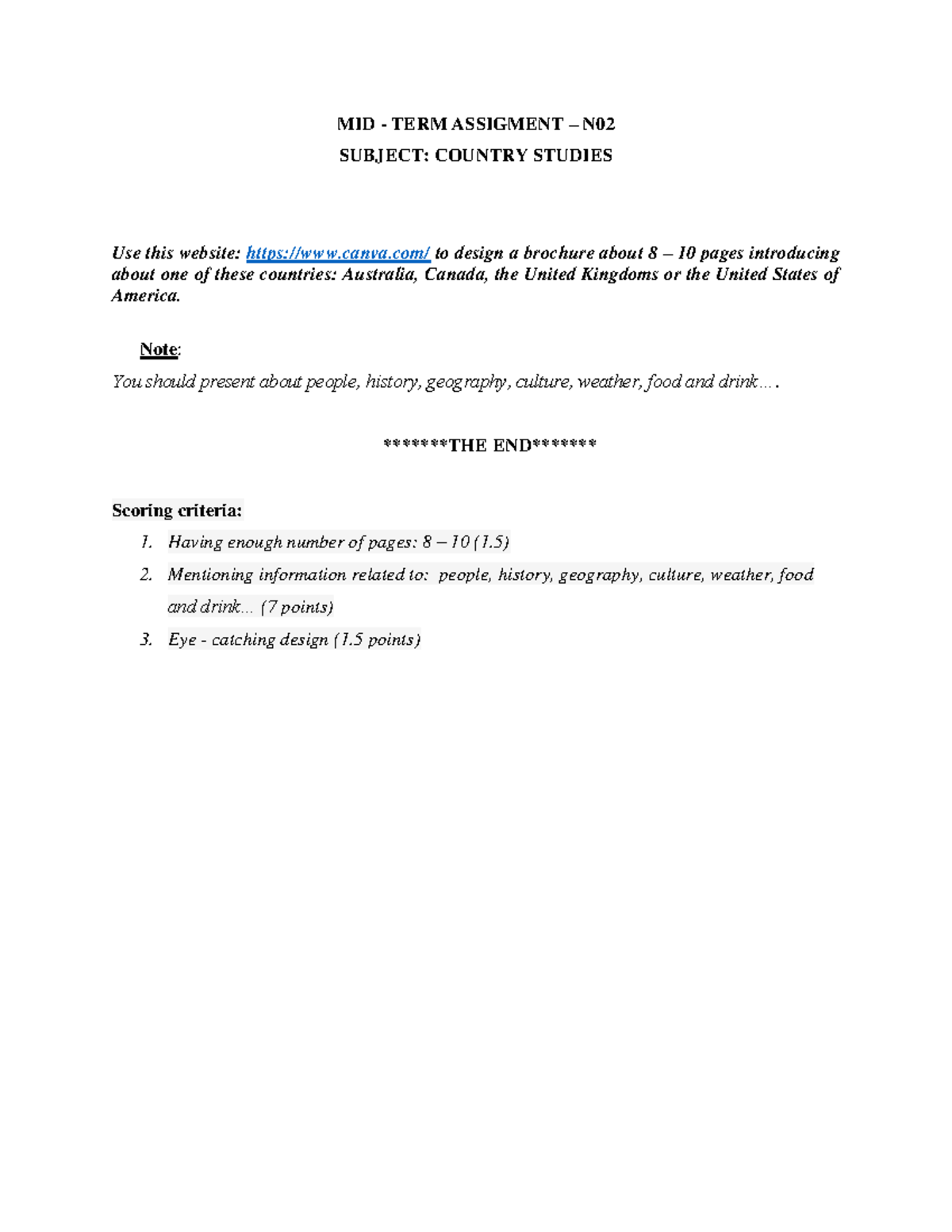 KTTL - Midterm Assignment on Country Studies: USA EN17 - Studocu