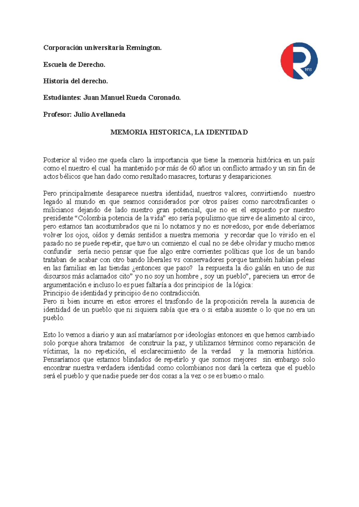 Comentario sobre la Memoria Histórica - Juan Rueda - Derecho - Studocu