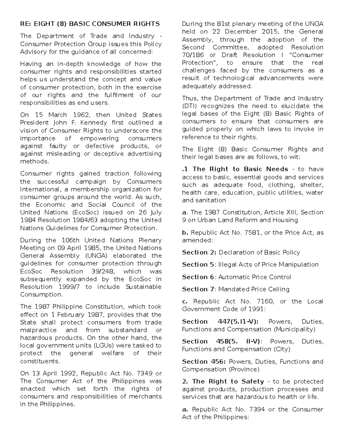 Eight (8) Fundamental Consumer Rights and Legal Bases Overview - Studocu