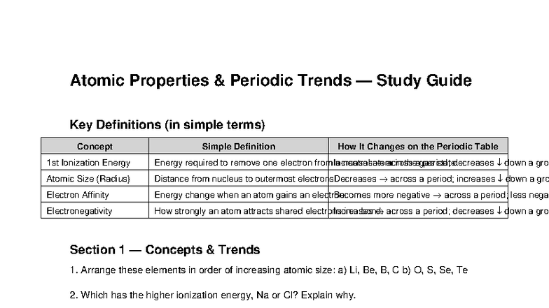 Atomic Trends Study Guide: Key Definitions & Periodic Trends - Studocu
