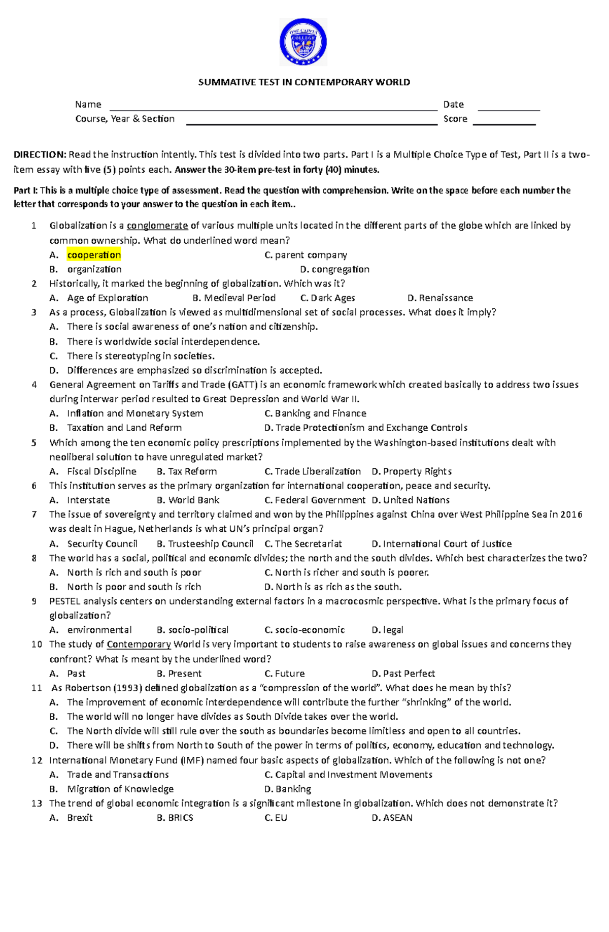 Chapter 1 Summative Test on Contemporary World (Course Code Included ...