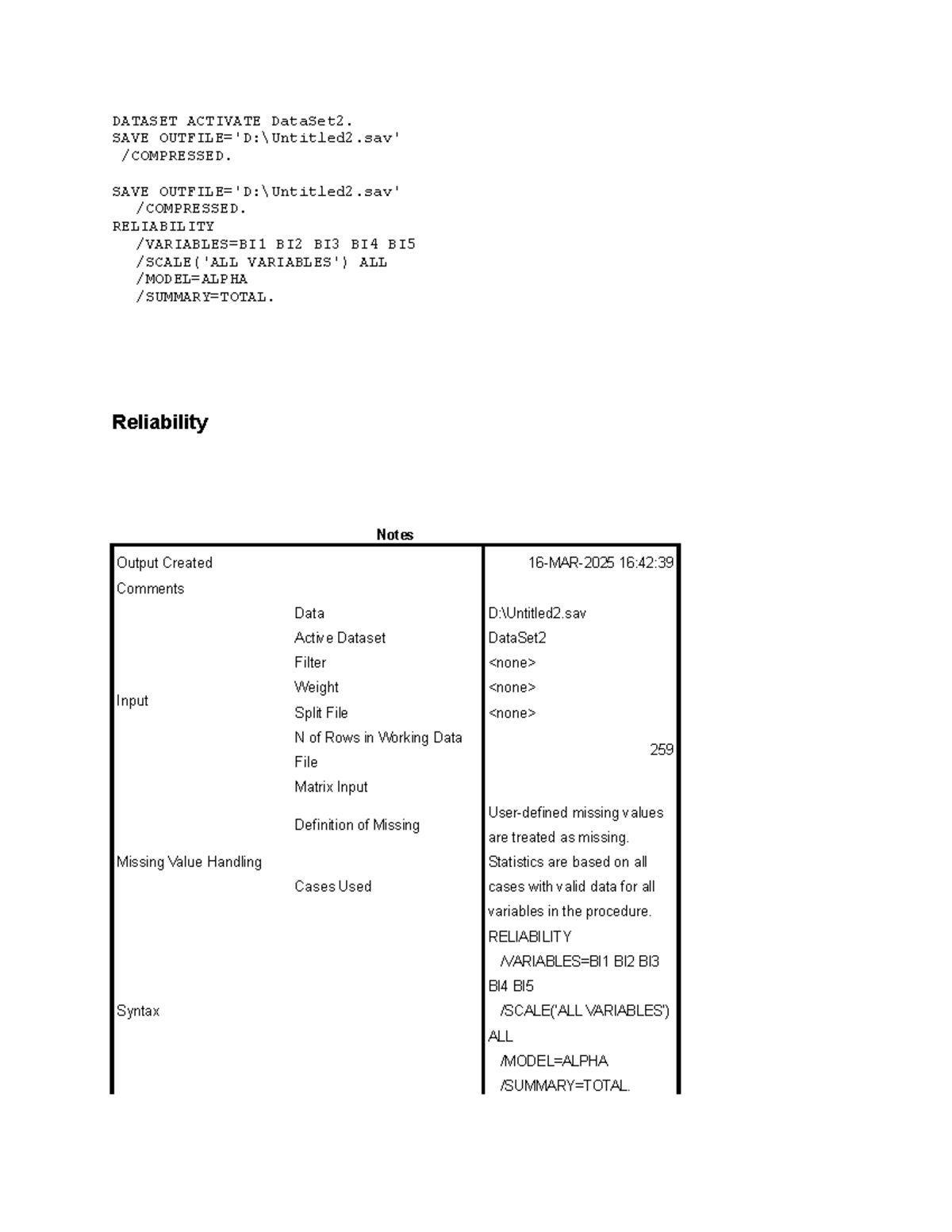 RELIABILITY ANALYSIS NOTES FOR BI2, BI3, BI4, BI5, SA2, SA3, SA4, SQ2 ...