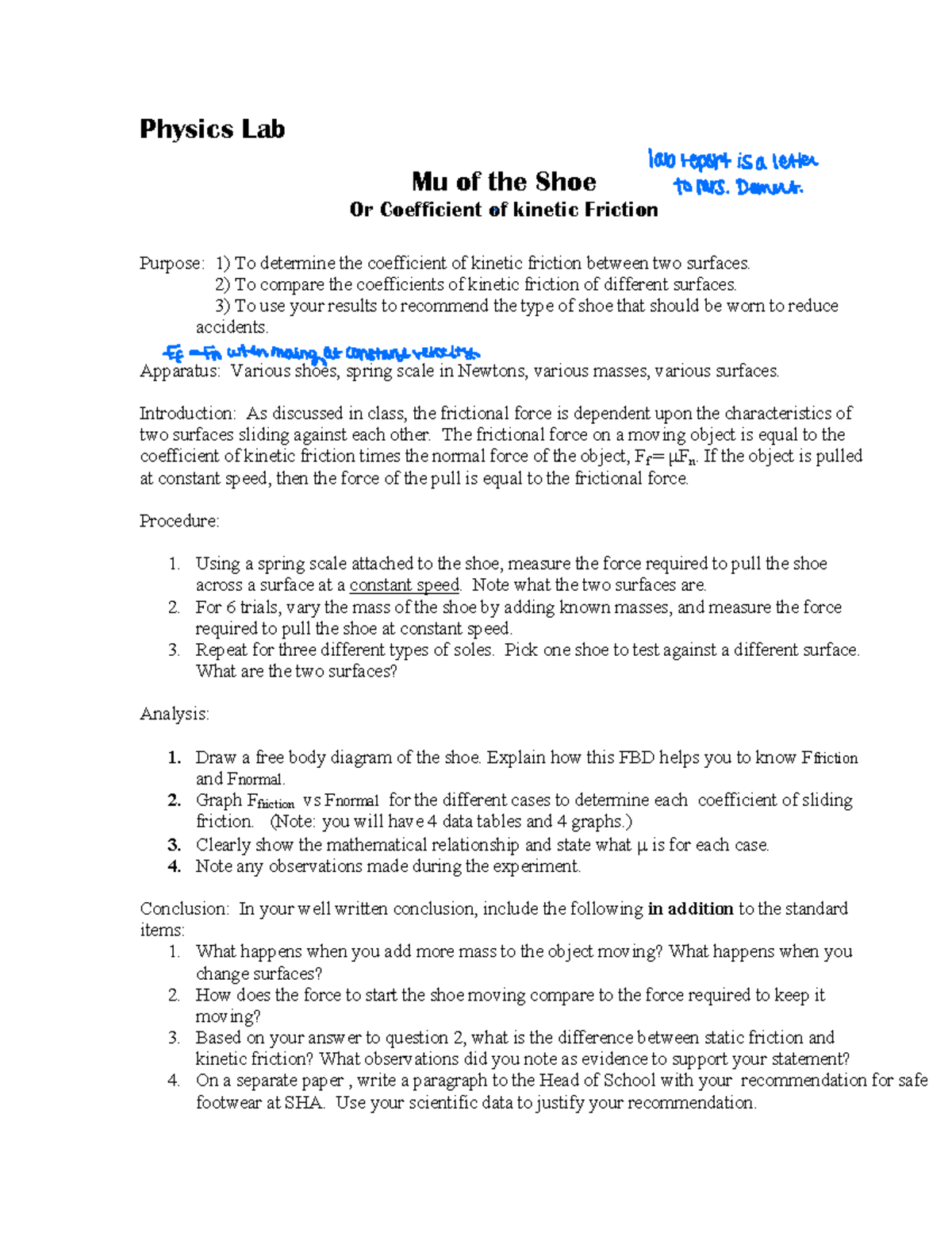 10 - mu of shoe - Lab 10- the friction against a shoe on multiple ...