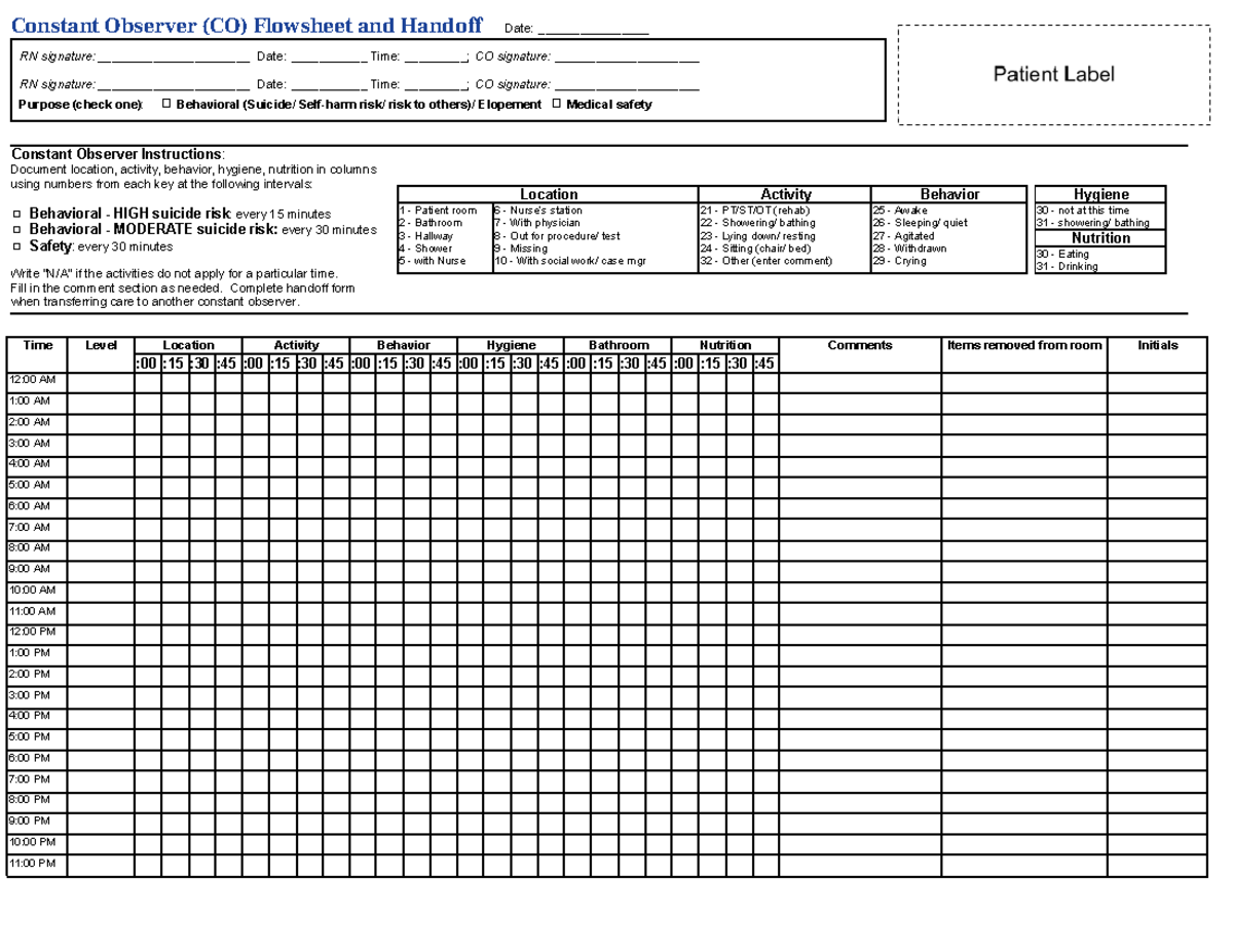 CO Flowsheet Handoff Form for Constant Observer (CO) - Studocu