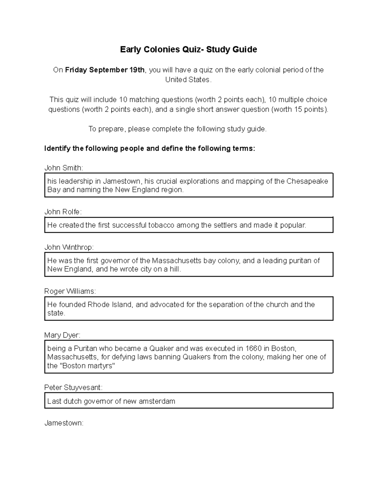 Early Colonies Quiz Study Guide for HIST 2025 - Studocu