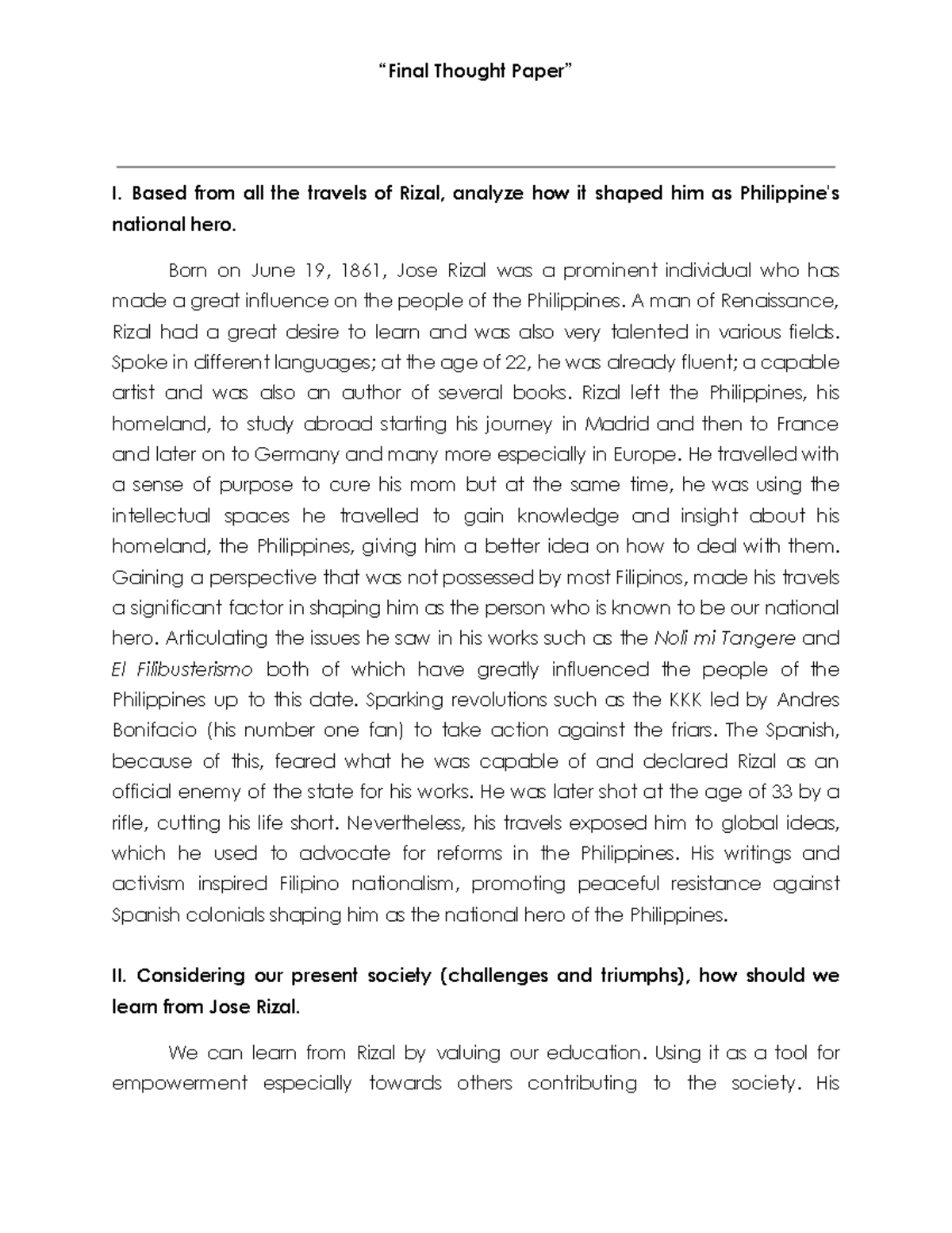 Final Thought Paper on Rizal's Travels - GE-LWR 28 - Studocu