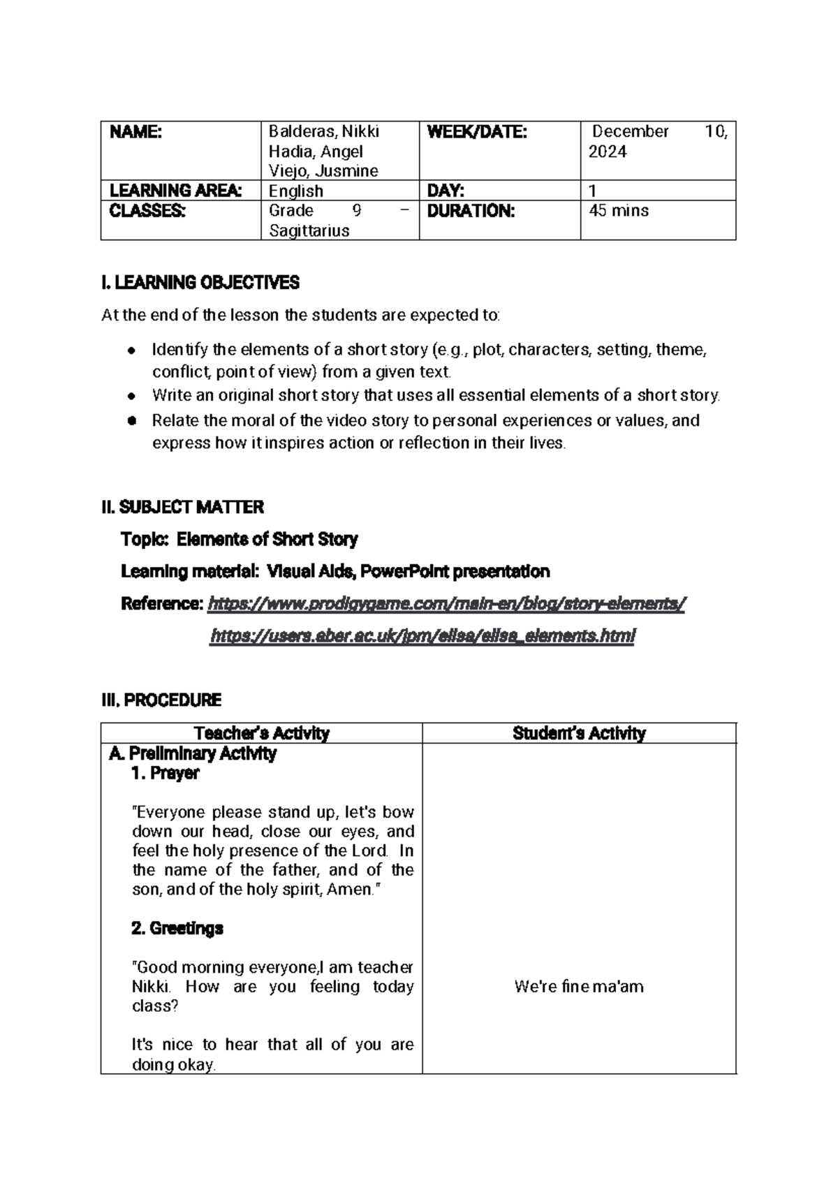 Lesson-Plan-in-EL-103-triad - NAME: Balderas, Nikki Hadia, Angel Viejo ...
