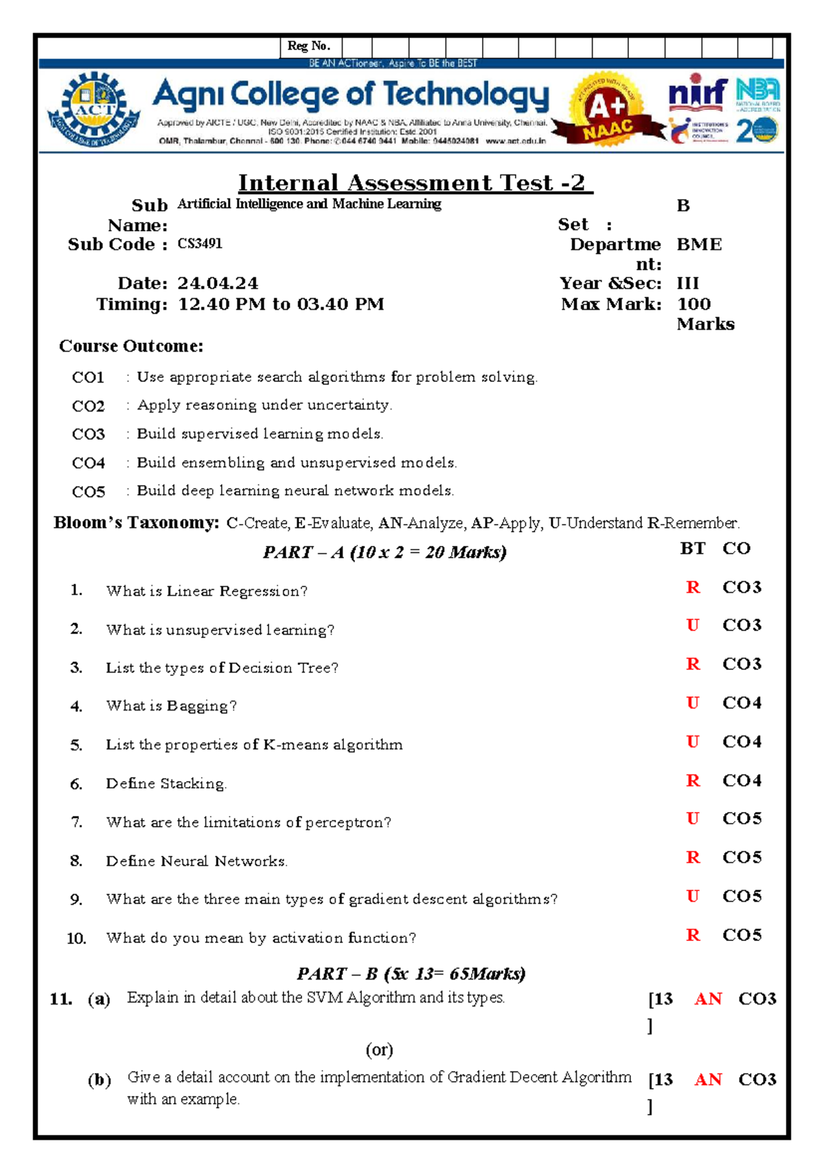 IA2 CS3491 Internal Assessment Test on AI & ML - Set B - Studocu