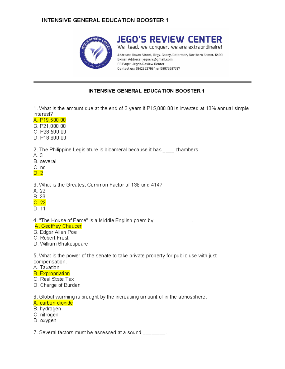 INTENSIVE GENERAL EDUCATION BOOSTER 1 - Quiz Format & Content ...