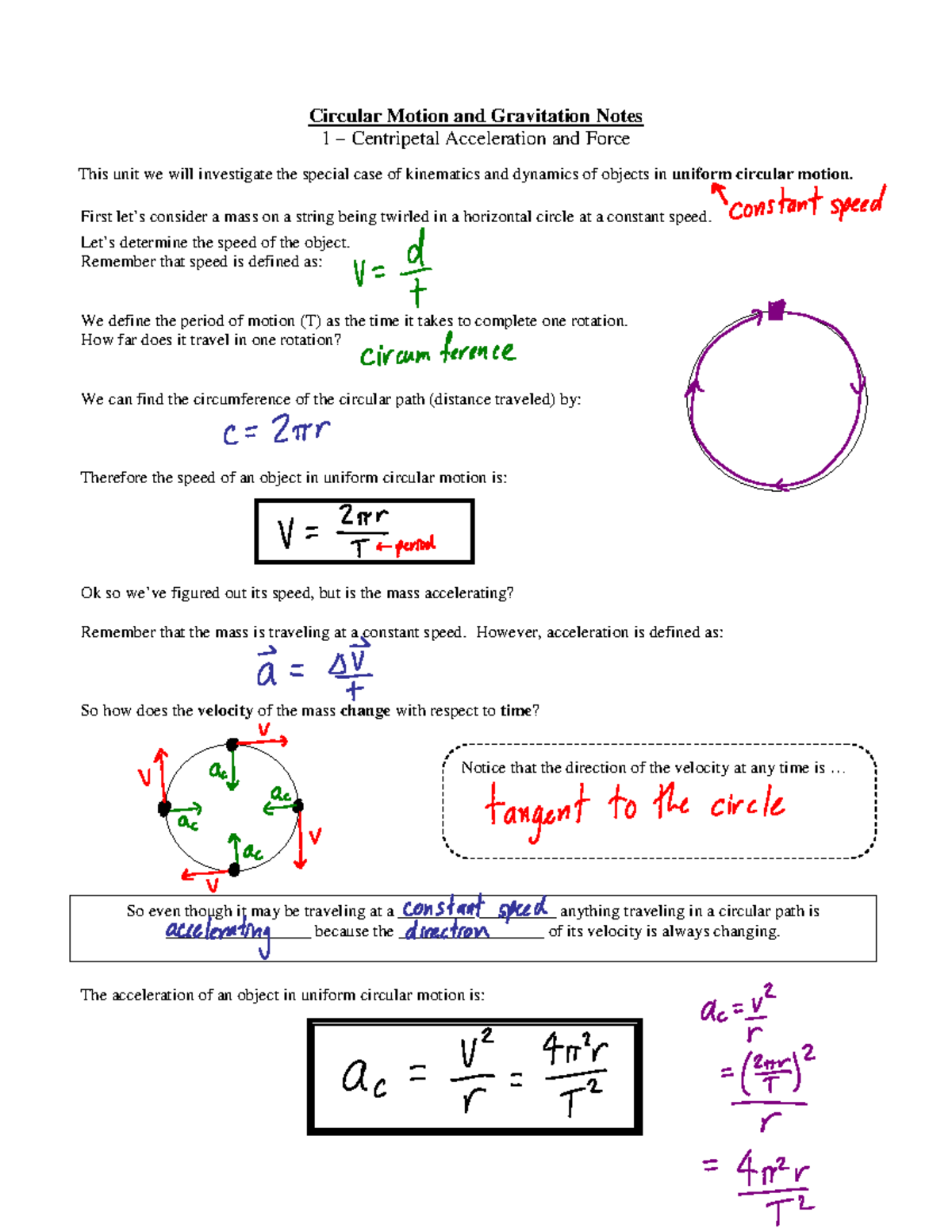 Circular Motion and Gravitation Notes - First let’s consider a mass on ...