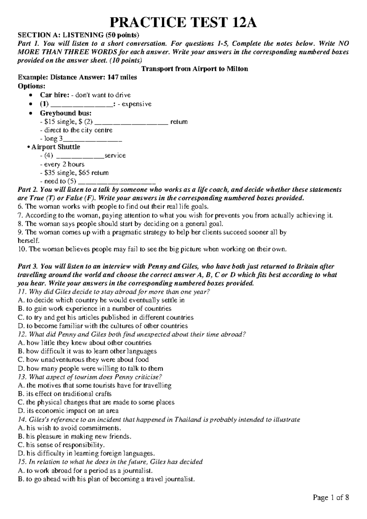 Practice Test 12A: Listening, Lexico-Grammar, and Reading Sections ...