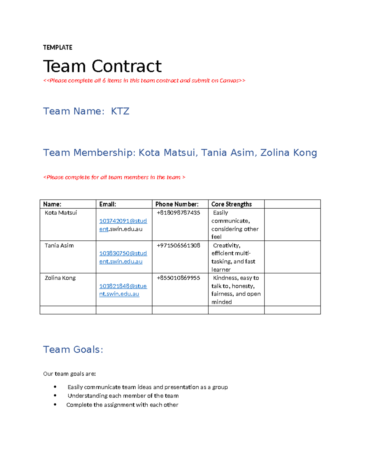Team Contract Template - KTZ: Collaboration Agreement & Goals - Studocu
