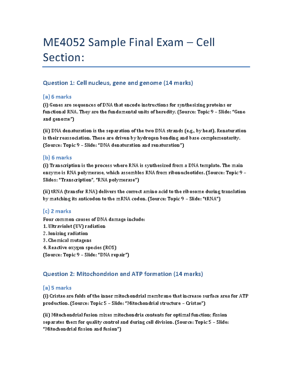 ME4052 Sample Final Exam: Cell Nucleus & Mitochondrion Insights - Studocu