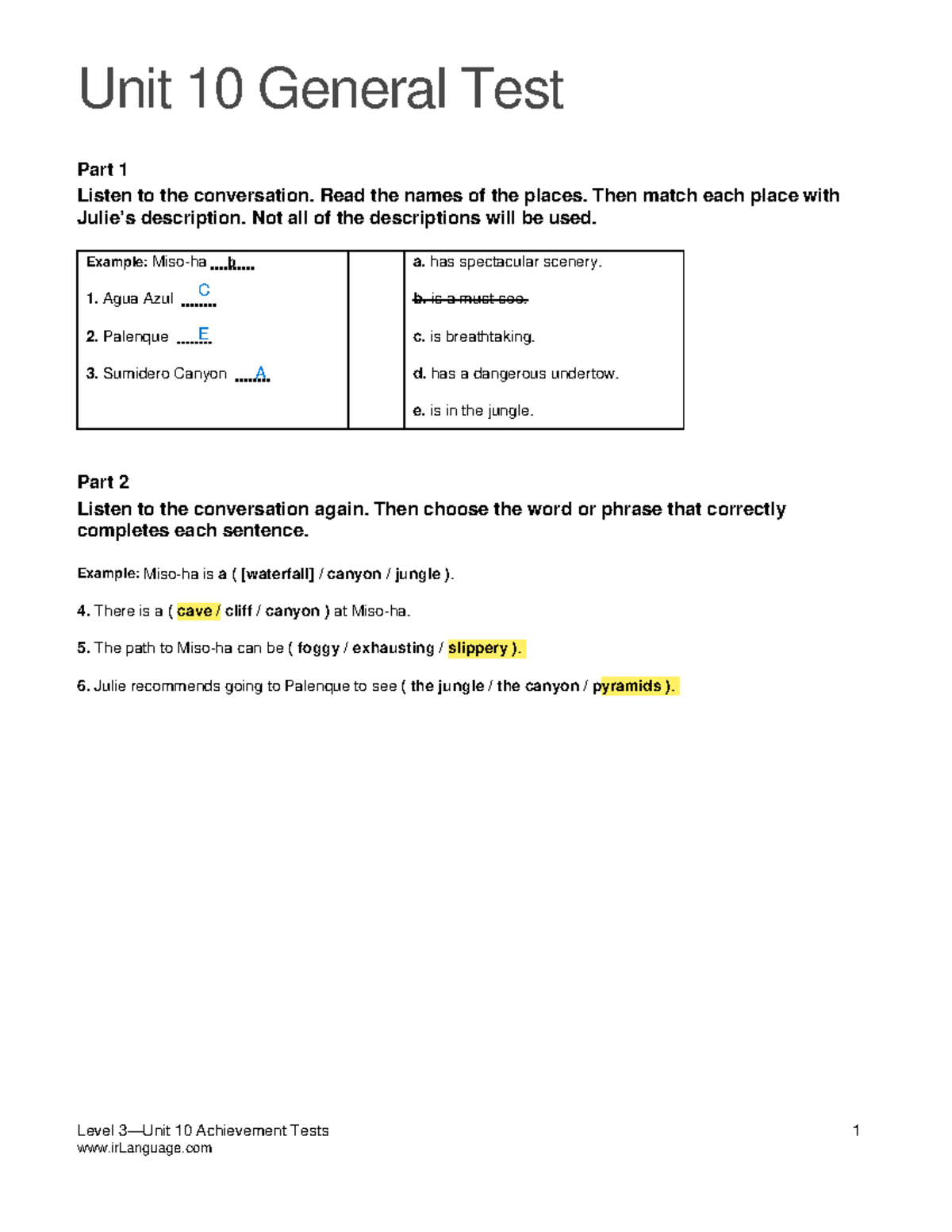 Tn3 Unit 10 General Test Listening Vocabulary And Reading Skills