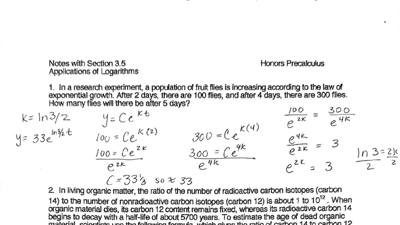 Honors Precalculus (MATH 1): Applications of Logarithms Notes - Studocu