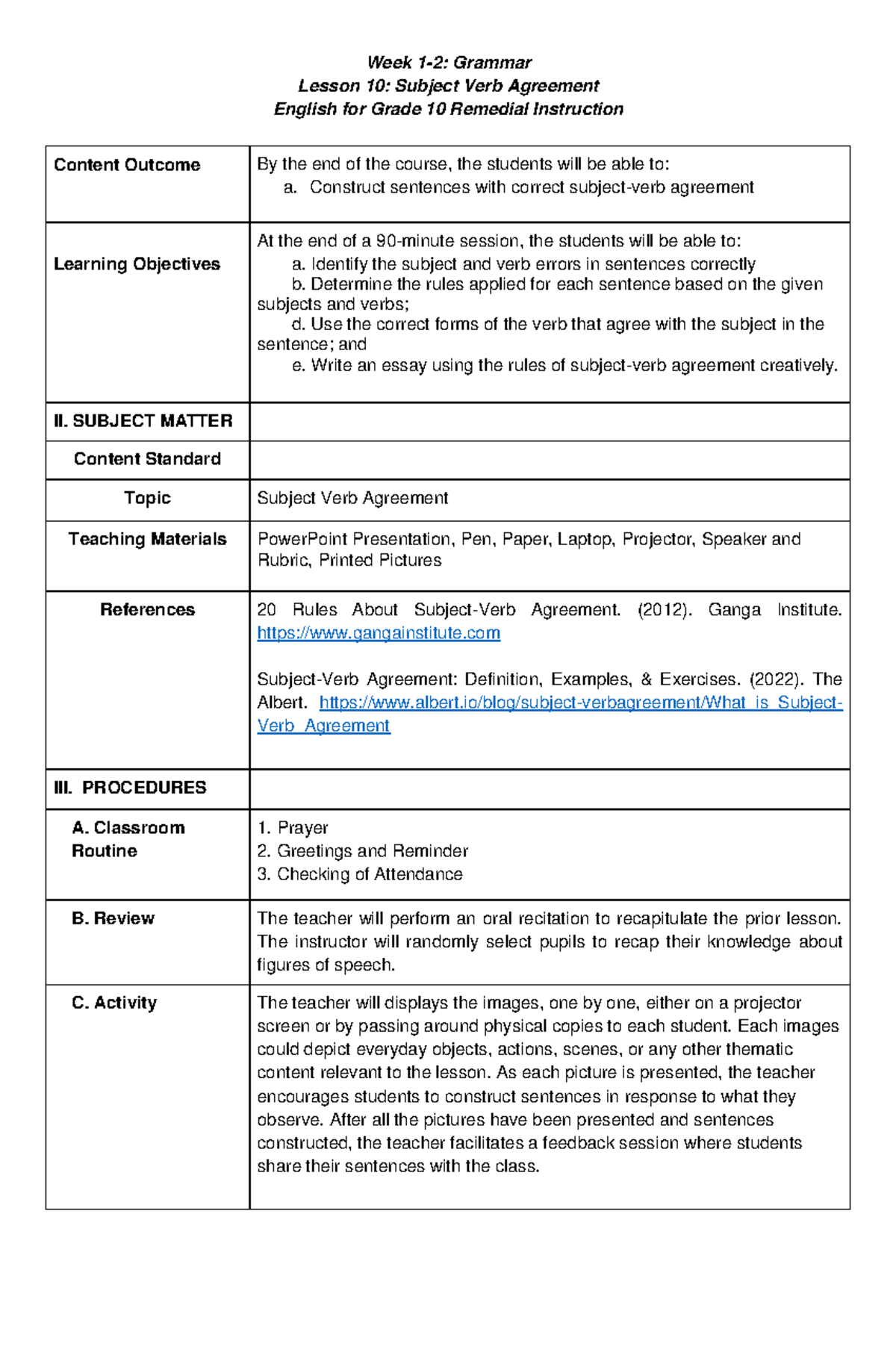 ELT 335: Subject-Verb Agreement Lesson Plan by Igloria Part 2 - Studocu