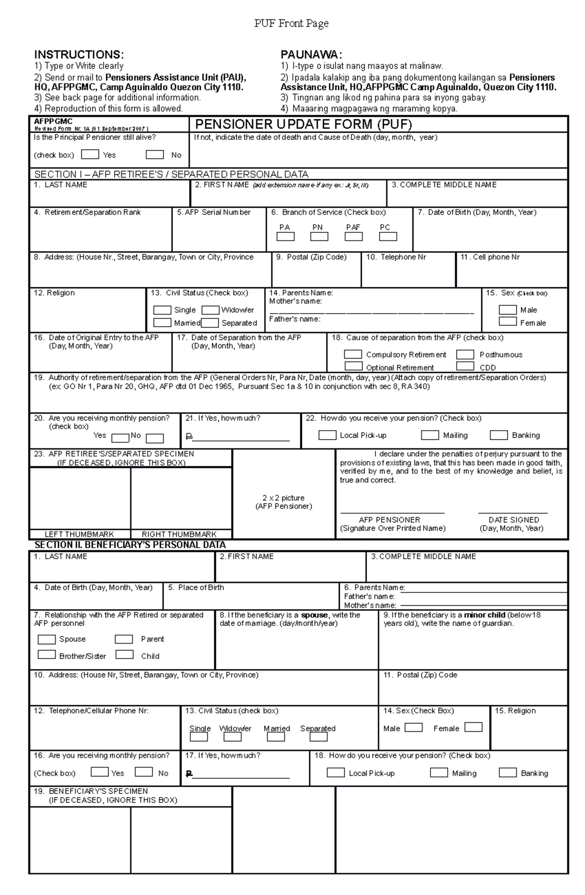 Pensioners Update Form (PUF) - BS Psychology - PUP - Studocu