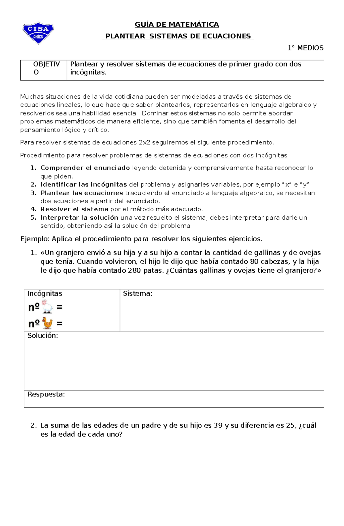 Guía de Matemática: Plantear y Resolver Sistemas de Ecuaciones - 1 ...