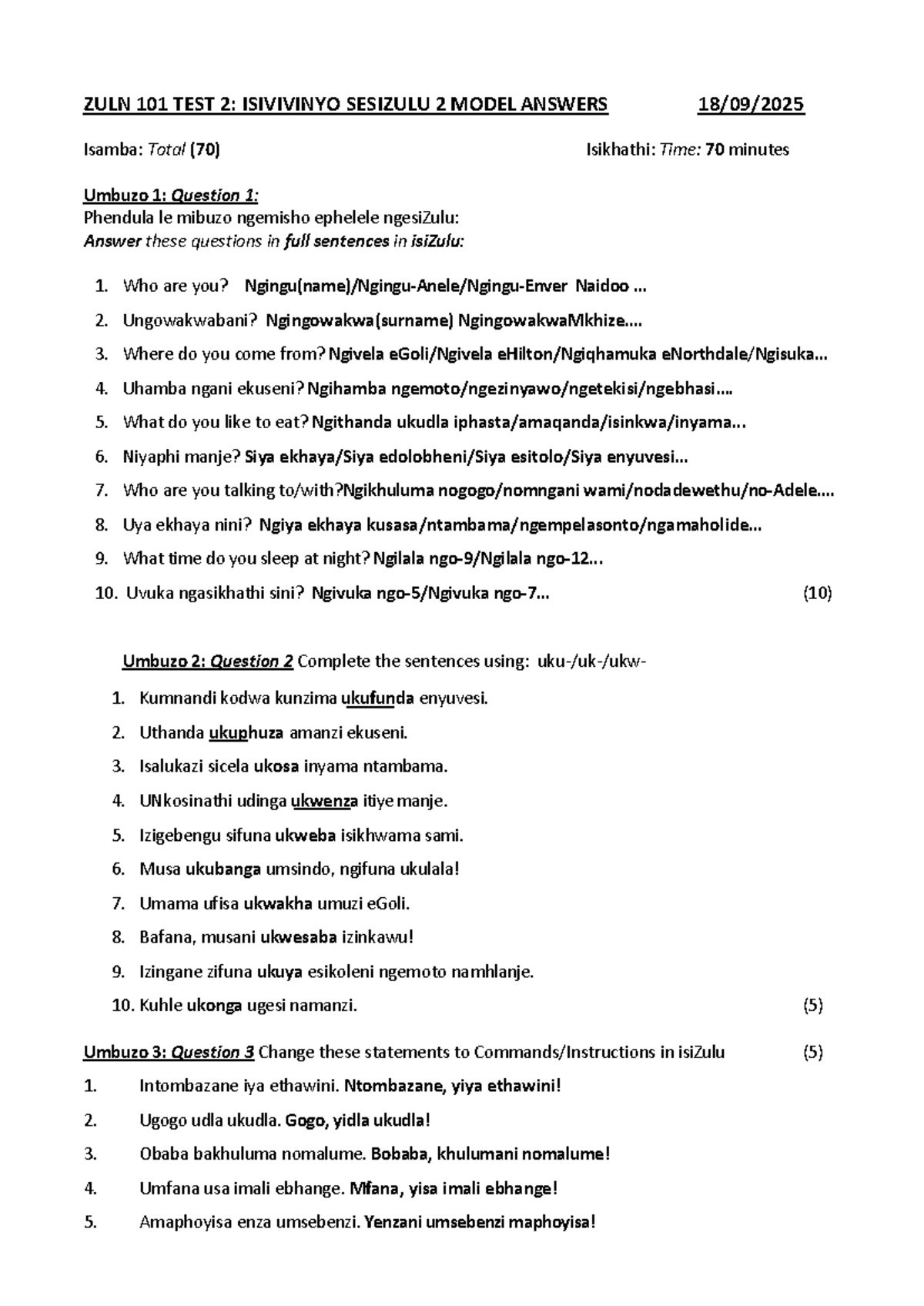 2025 ZULN 101 Basic Isizulu TEST 2 Model Answers - Studocu