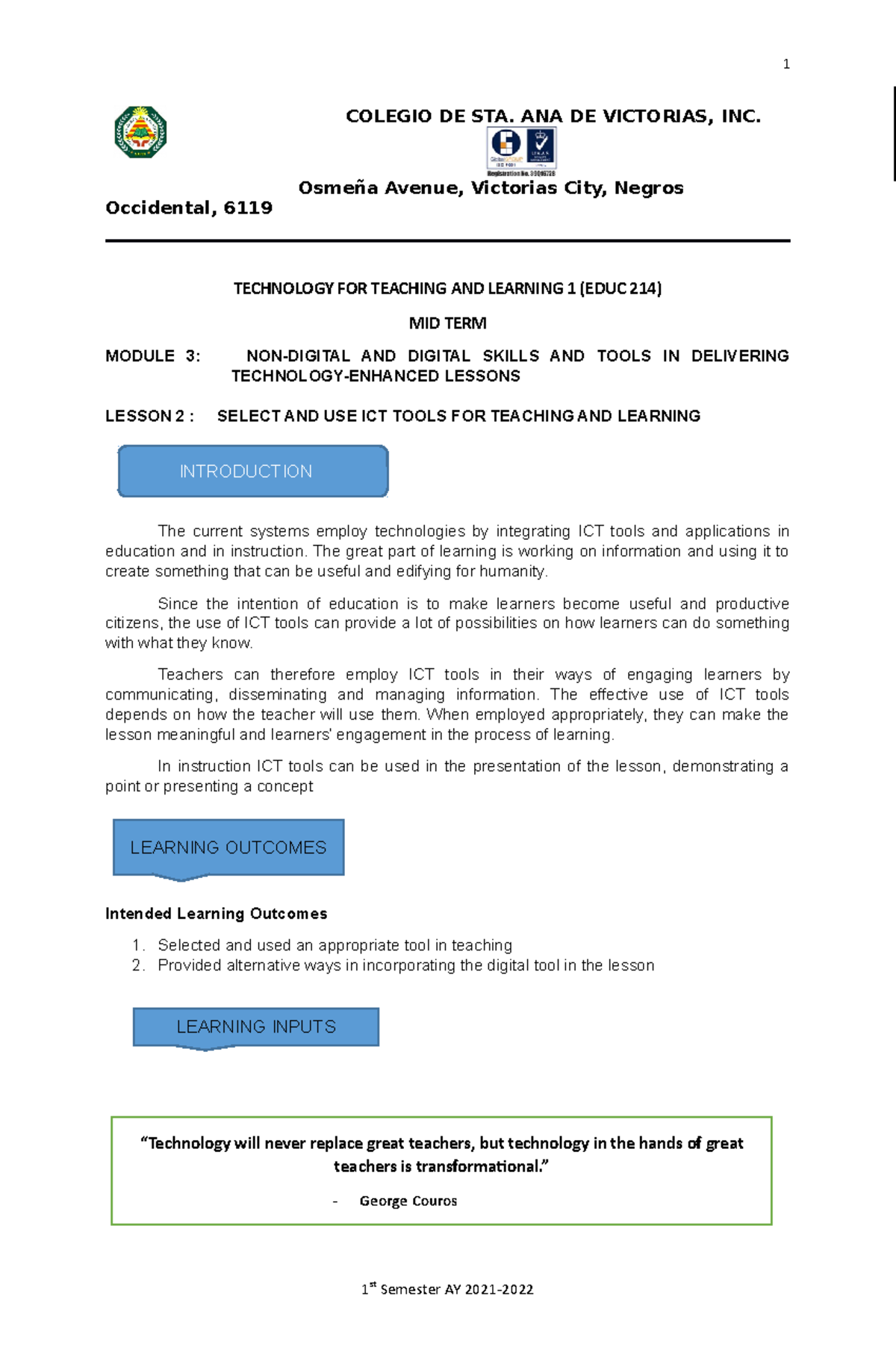 EDUC 214 - Midterm Module 3: ICT Tools for Teaching & Learning - Studocu
