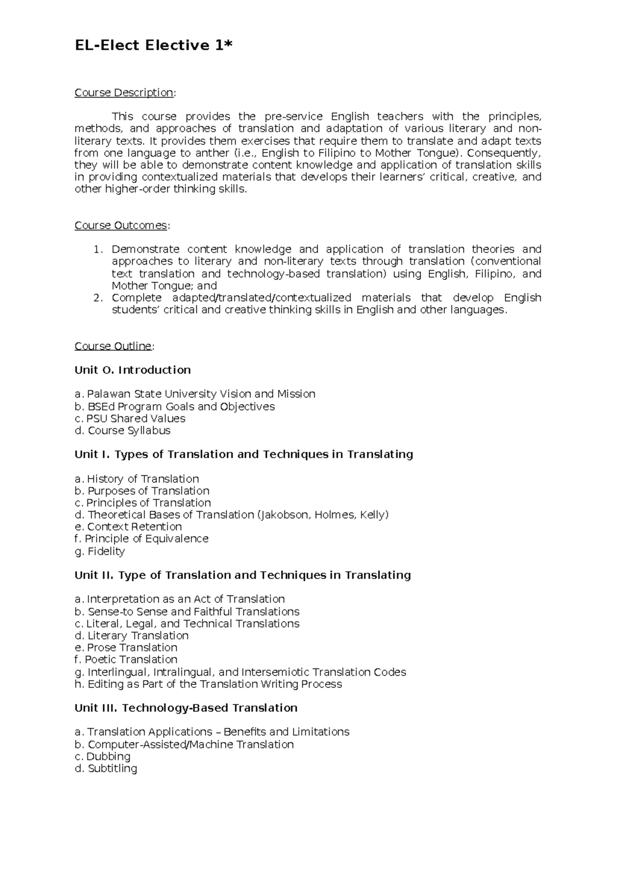 Elective Course on Translation Techniques: Elect-1 Notes - Studocu