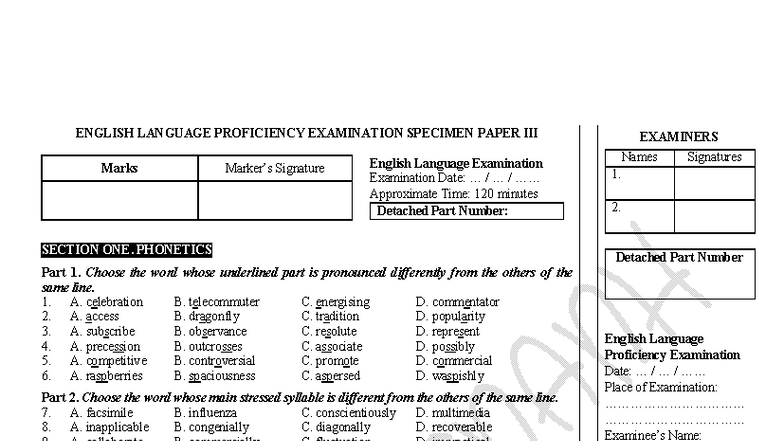 English Language Proficiency Examination Specimen Paper III 17347 - Studocu