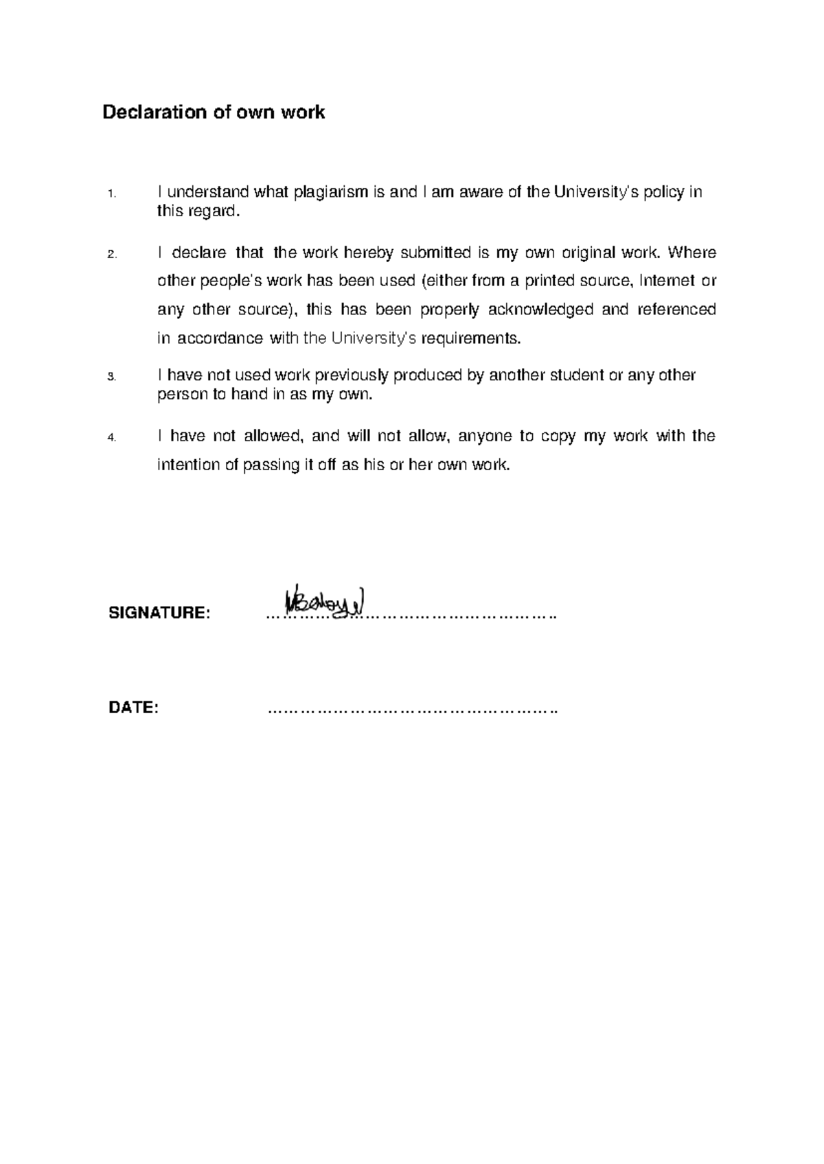 Declaration of Own Work: Plagiarism Awareness and Acknowledgment - Studocu