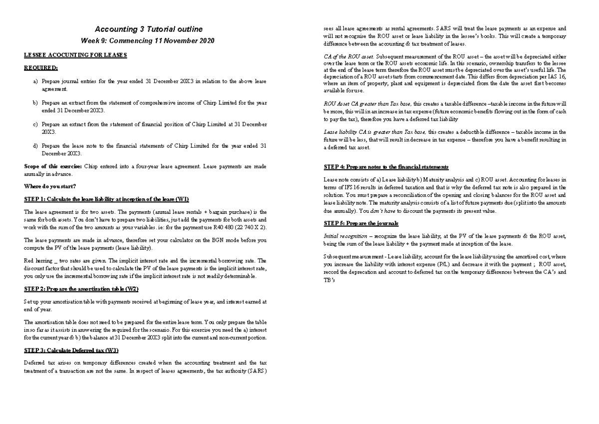 Accounting 3 Tutorial: Week 9 - Lessee Accounting for Leases - Studocu