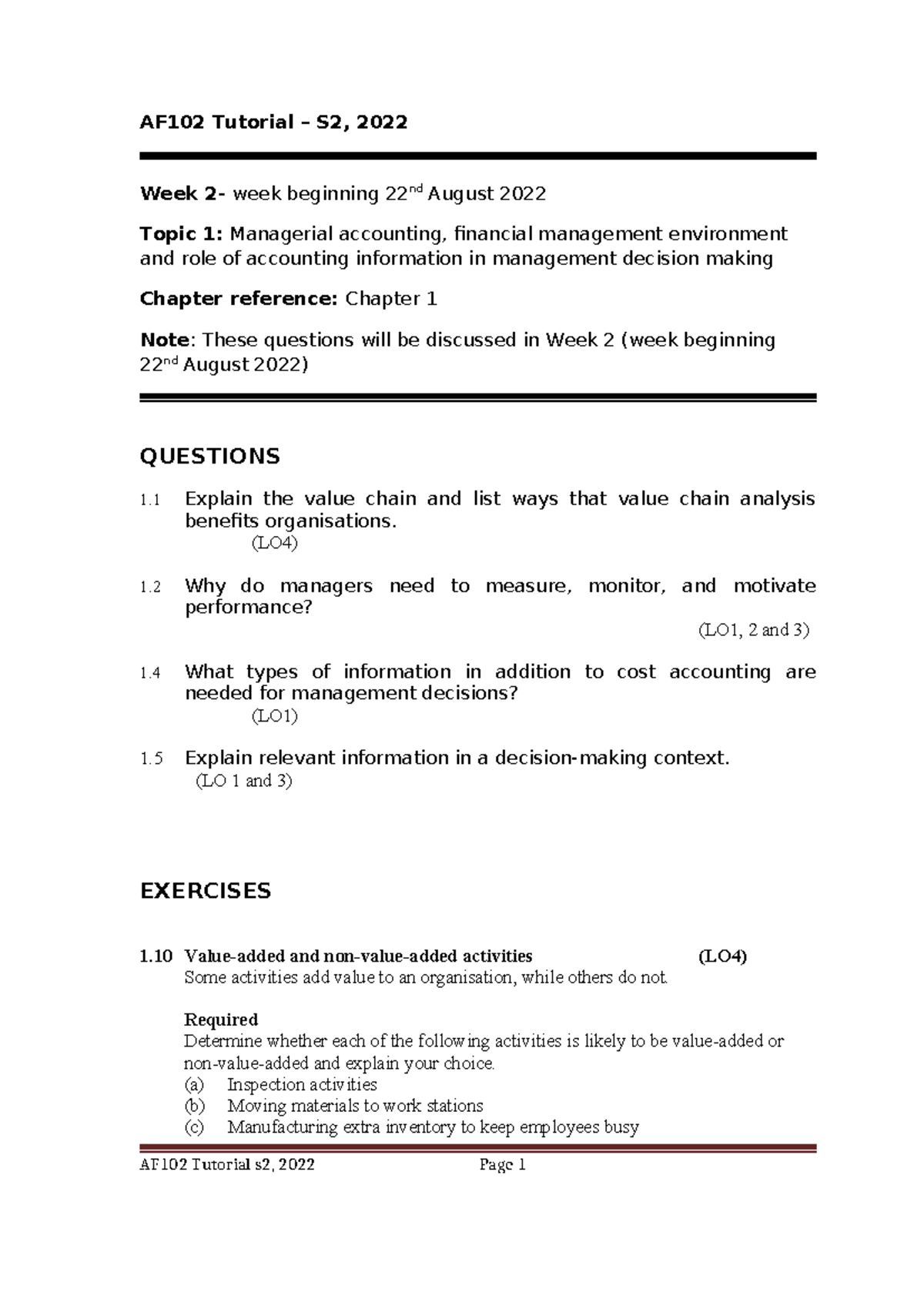 Topic 1 Tutorial Question - AF102 Tutorial – S2, 2022 Week 2- week ...