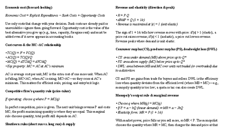 Microeconomics Midterm Concepts: Costs, Revenue, and Elasticity - Studocu